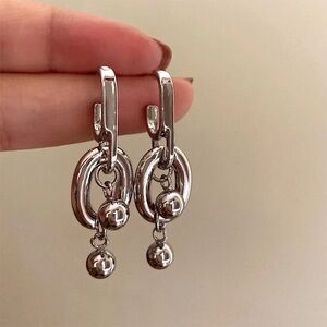 Jewelry | 23 Silver Metal Chain Hoop Oval Bead Earrings Bohemian ...